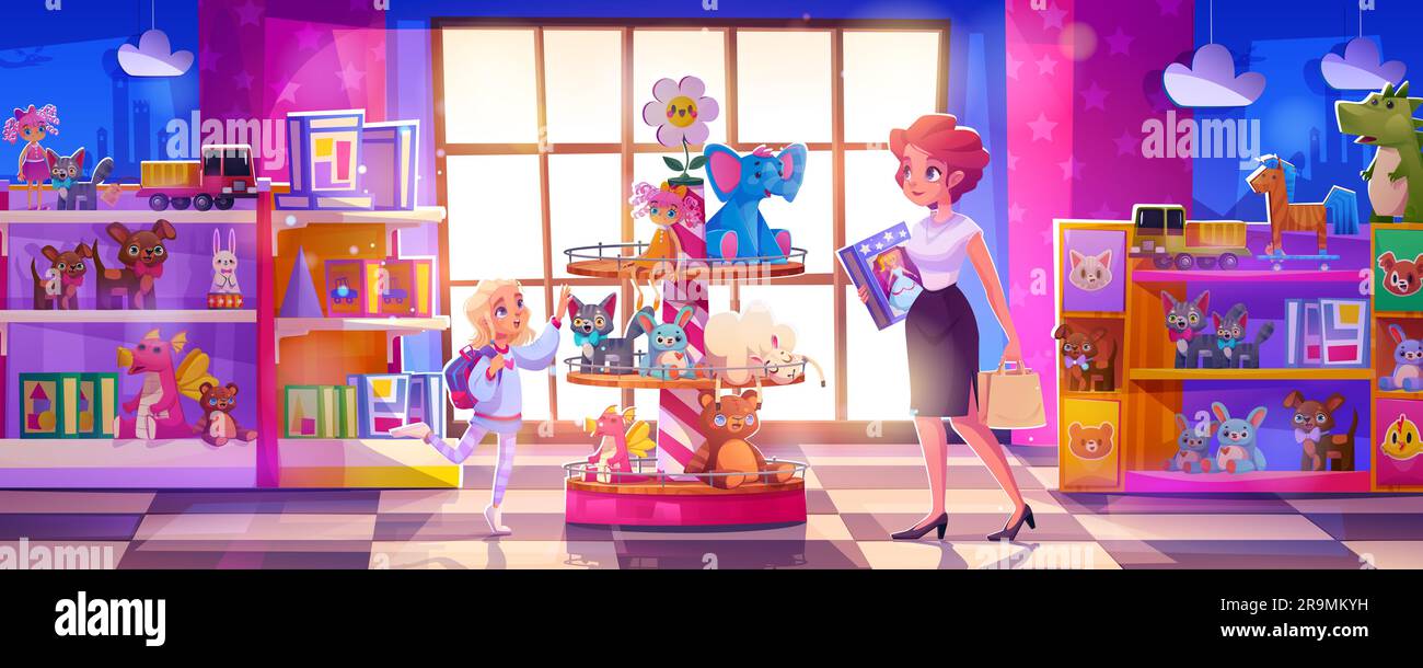 Kid toy store interior cartoon vector illustration. Happy baby girl ...