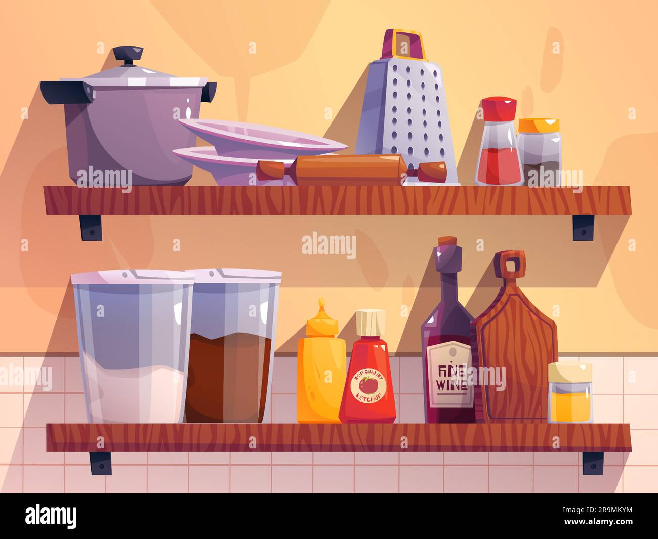 Kitchen shelves with set of cook tools, utensil, food in jars and ...