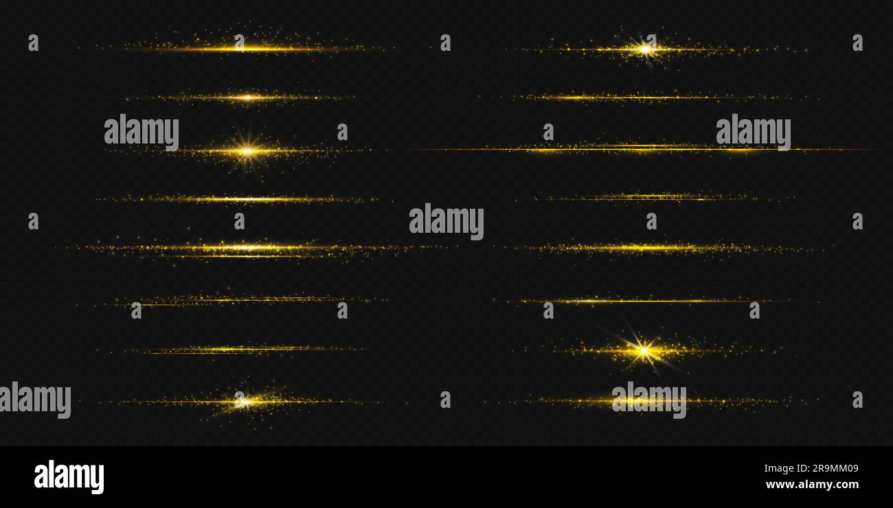 Gold line light glow with sparkle and flare shine. Horizontal golden ...