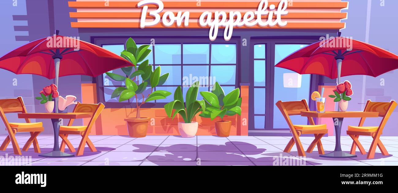 Outdoor cafe terrace with table cartoon vector. City street restaurant patio in summer scene ...