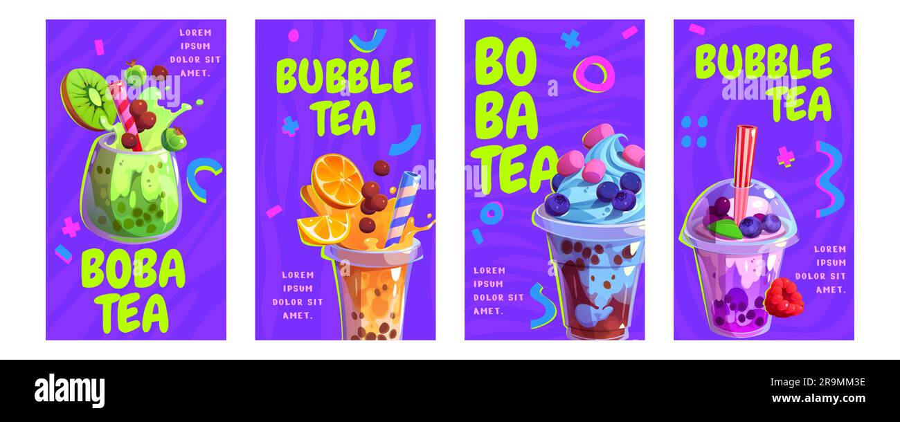 Cartoon set of promo banners for bubble tea menu. Vector illustration ...