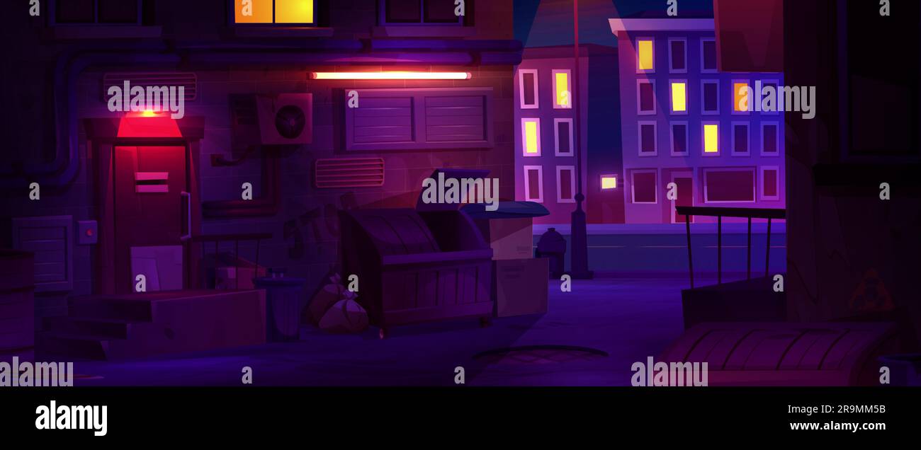 Night city backstreet with dim illumination. Vector cartoon ...