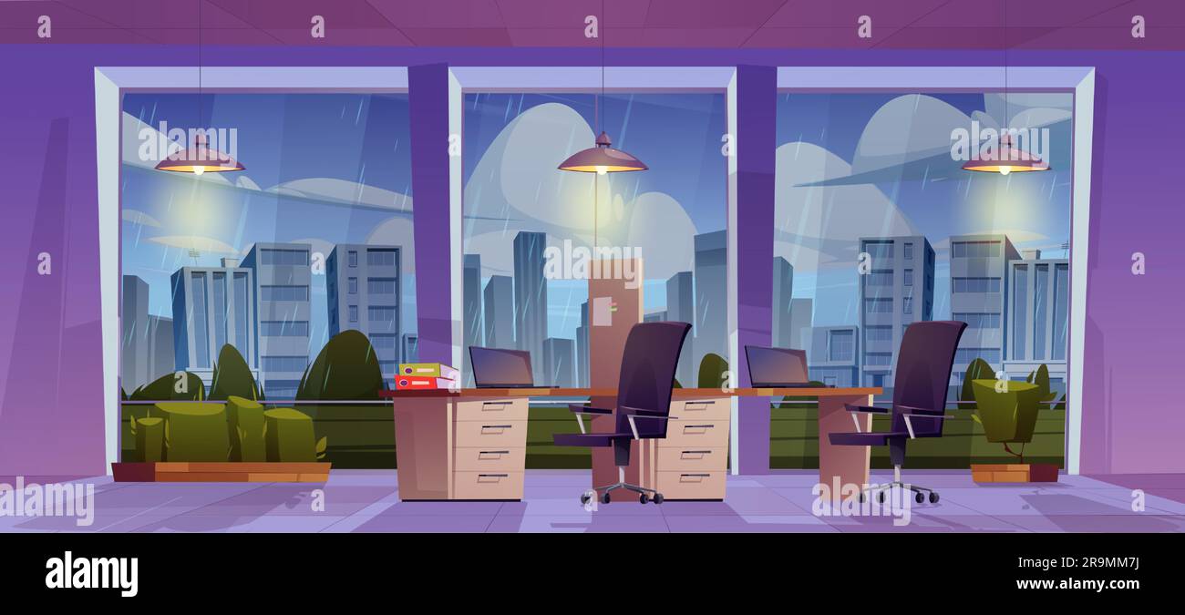 Rain view from city office window vector cartoon background. Nobody in ...