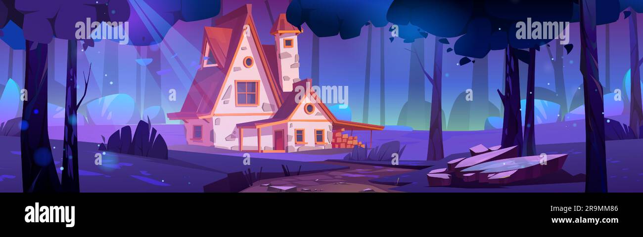 Night forest with witch house cartoon landscape background. Fantasy ...
