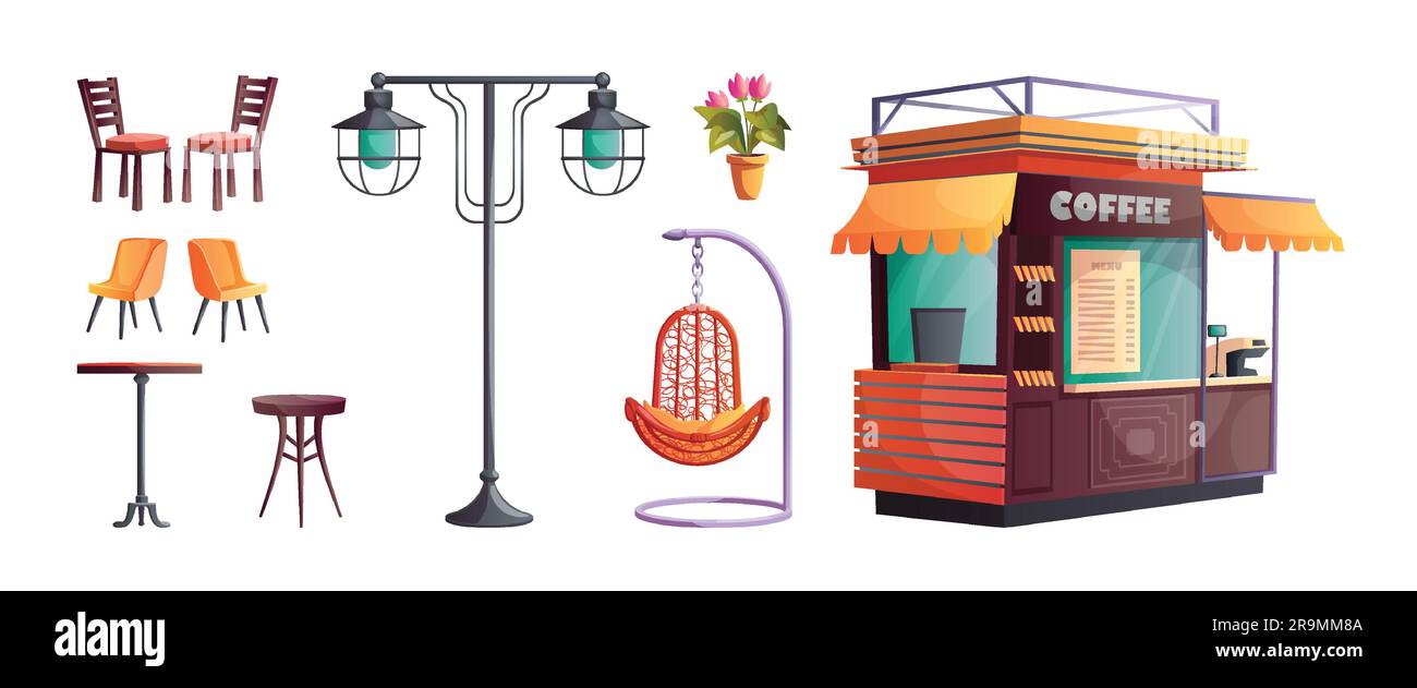 Outdoor city street cafe table cartoon vector set. Isolated cafeteria ...