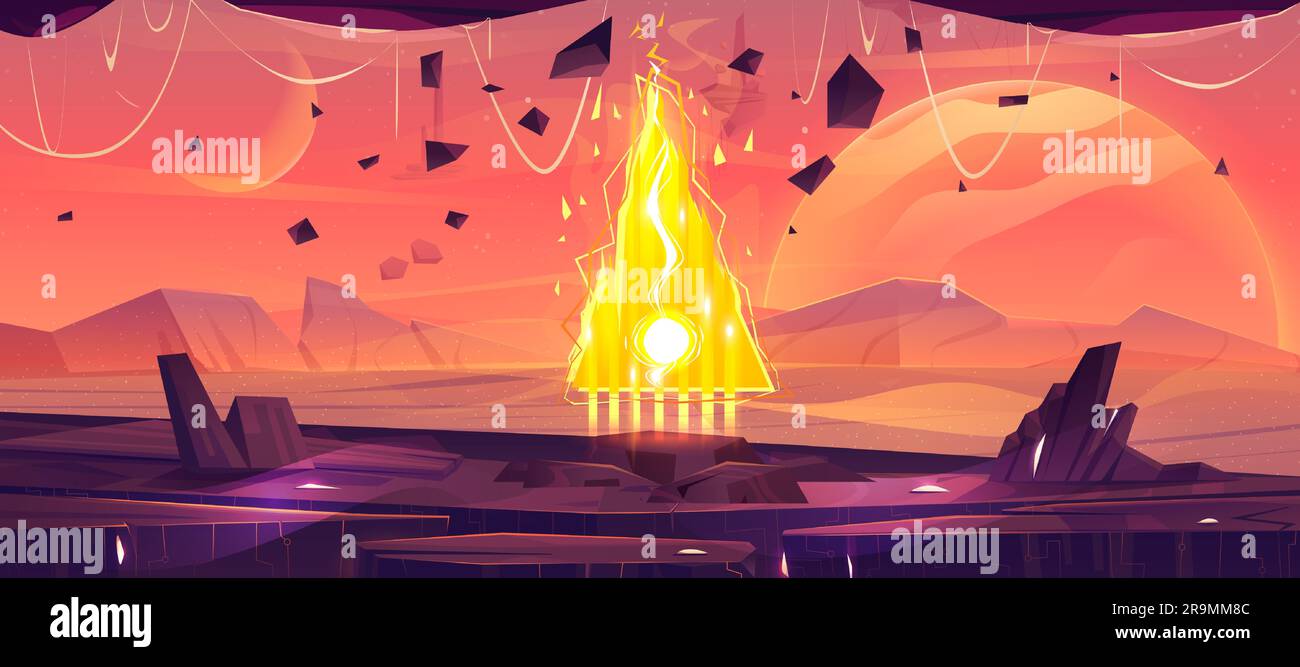 Fantasy portal on Mars planet vector landscape background. Martian dry ...