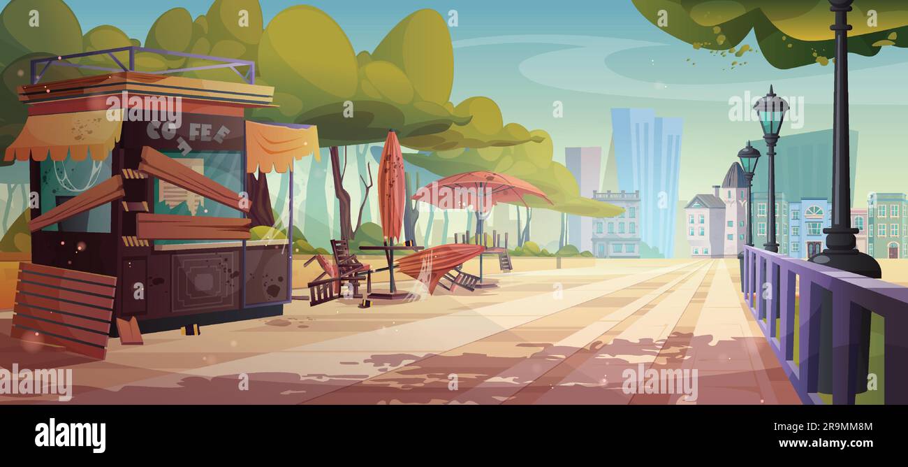 Abandoned outdoor street cafe on city square park vector illustration ...
