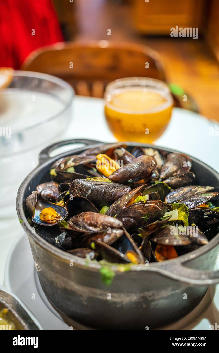 Traditional Belgian steamed mussels in Belgium Stock Photo - Alamy