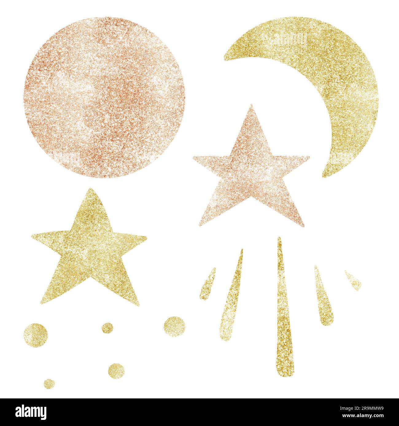 Children's set in gold and bronze colors. Moon, month, dots, rays ...