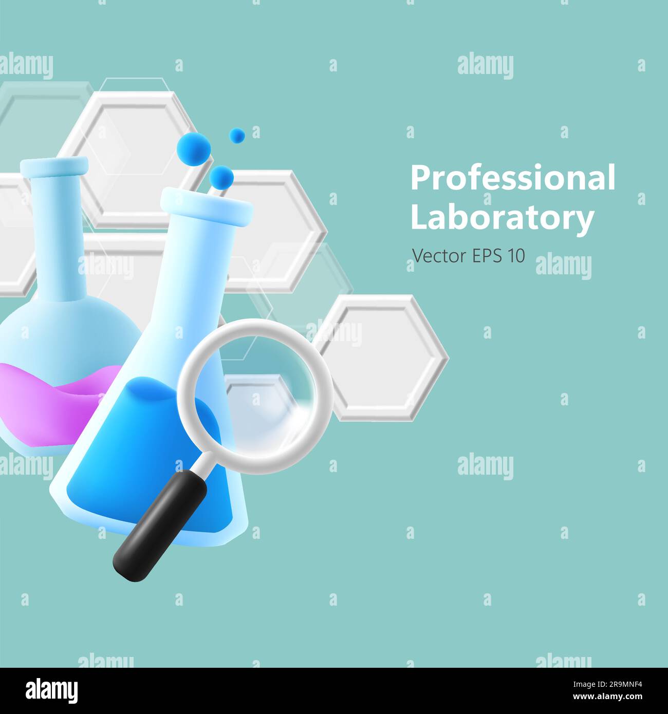 Vector chemical beakers with liquid substance and magnifying glass ...