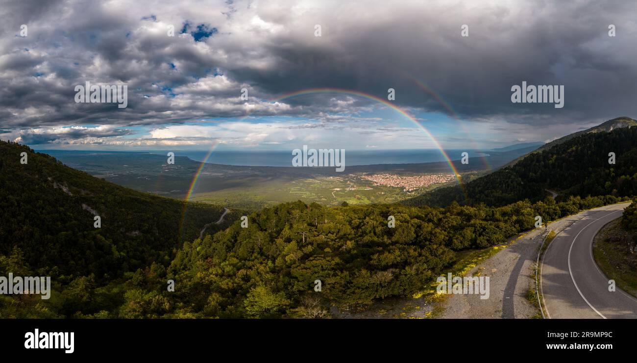 A majestic aerial view of the peak of Mount Olympus, Greece, with a ...
