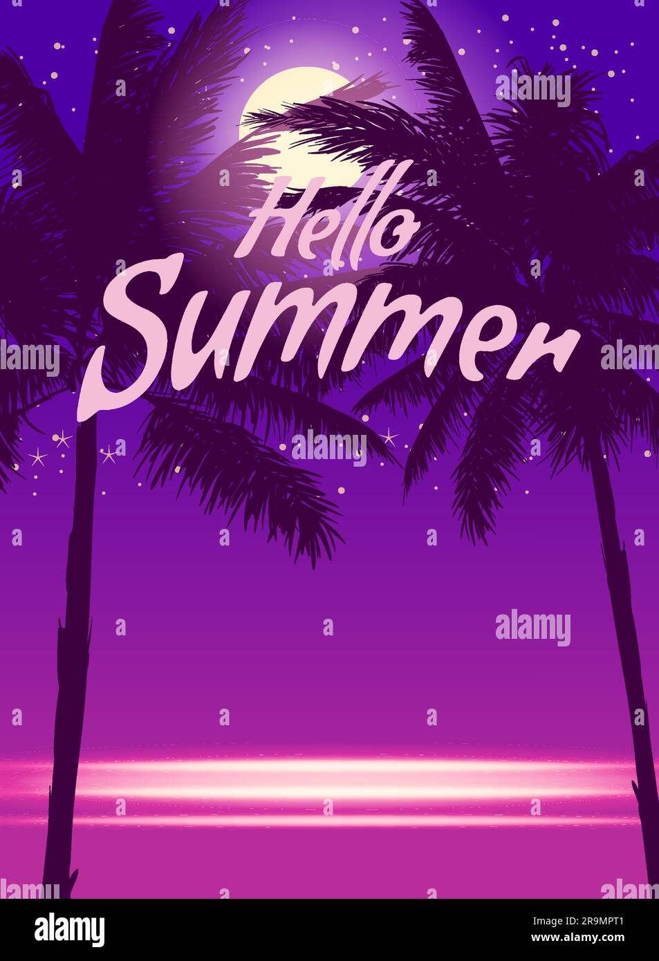 Hello Summer night party background with palms, design template, flyer ...