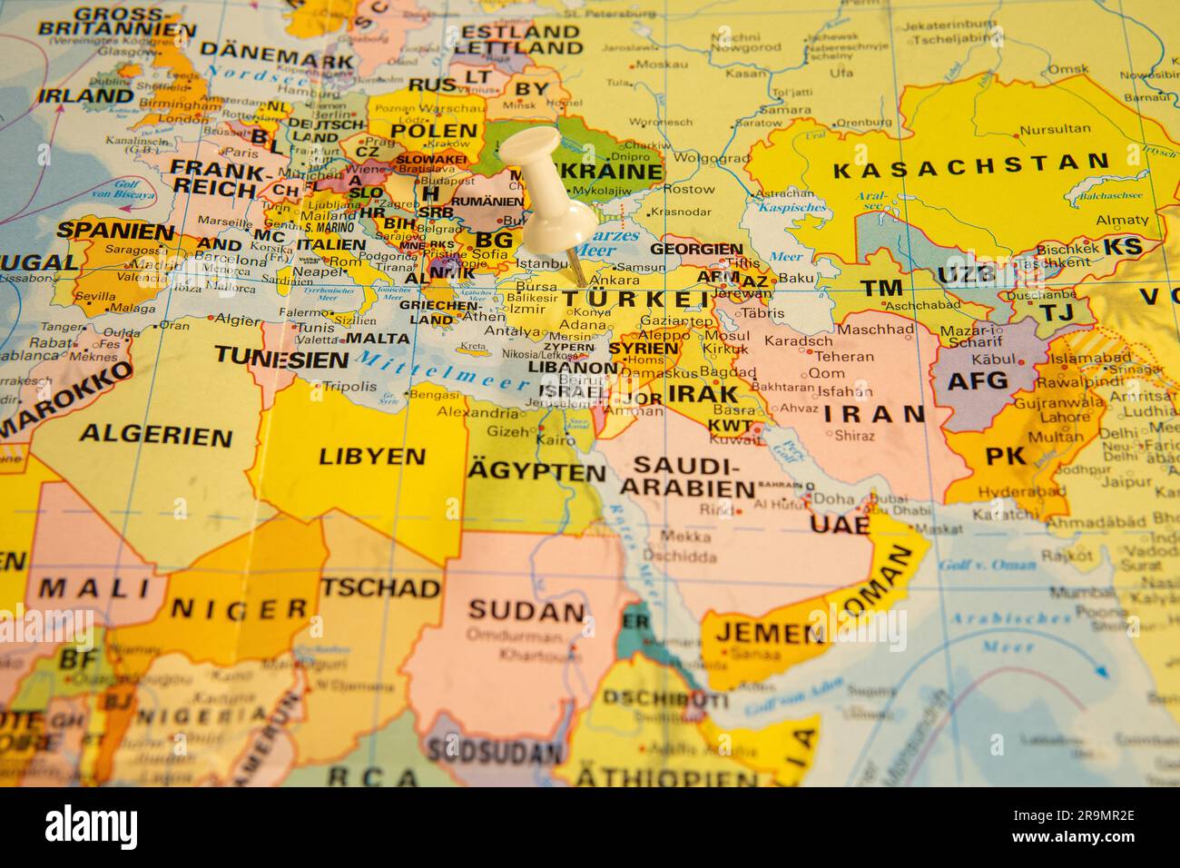 A close-up shot of the map with a white push-pin marking Turkey Stock ...