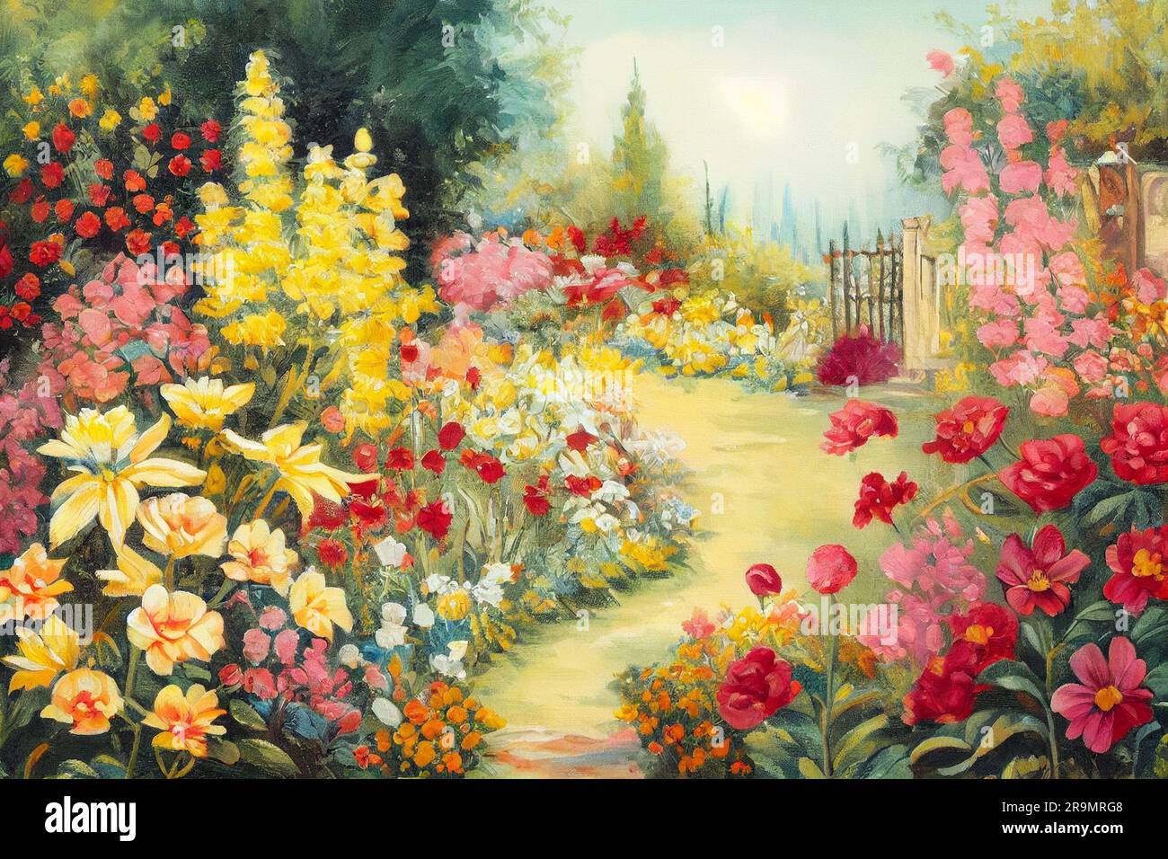 A vibrant oil painting of a garden path lined with colorful flowers ...