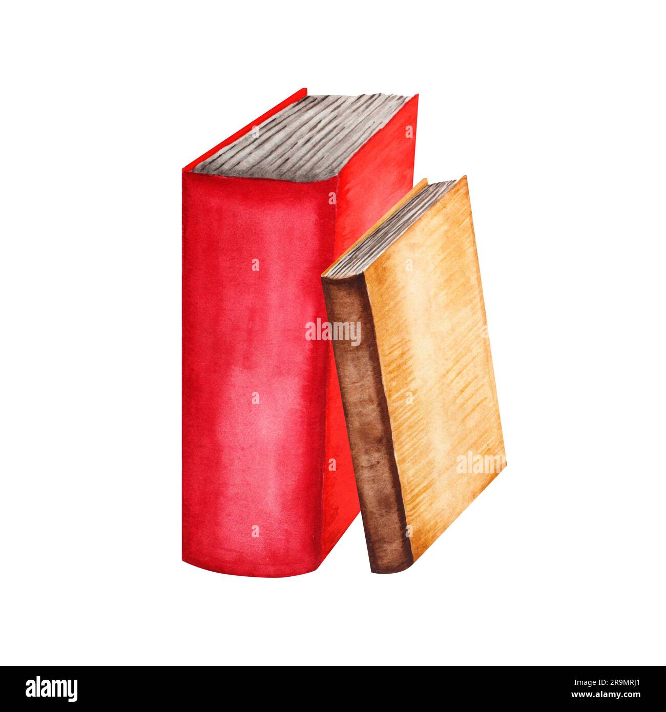 Watercolor illustration of books: red and beige with brown colors. The ...