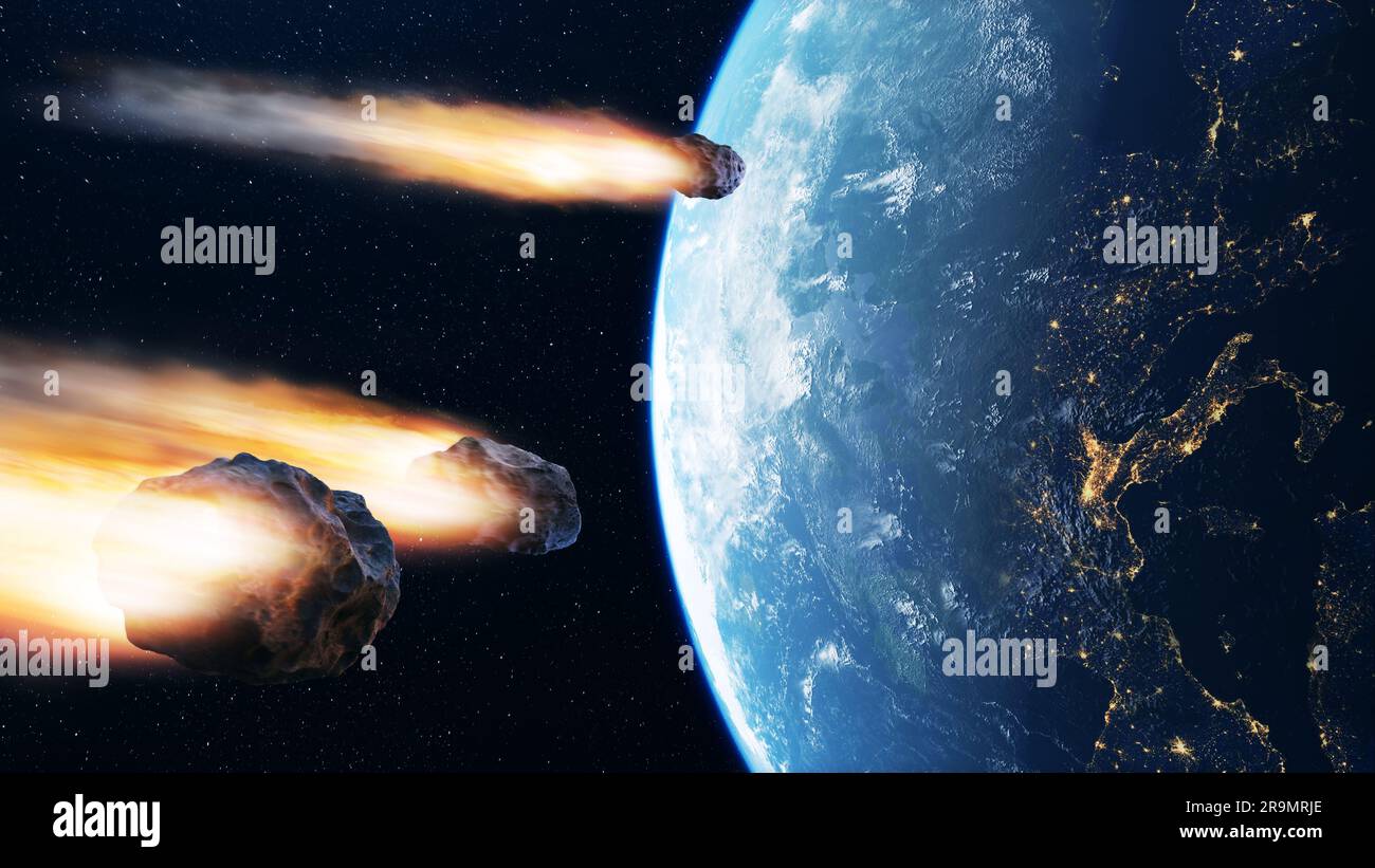 Meteorites heading towards planet earth from outer space Stock Photo ...