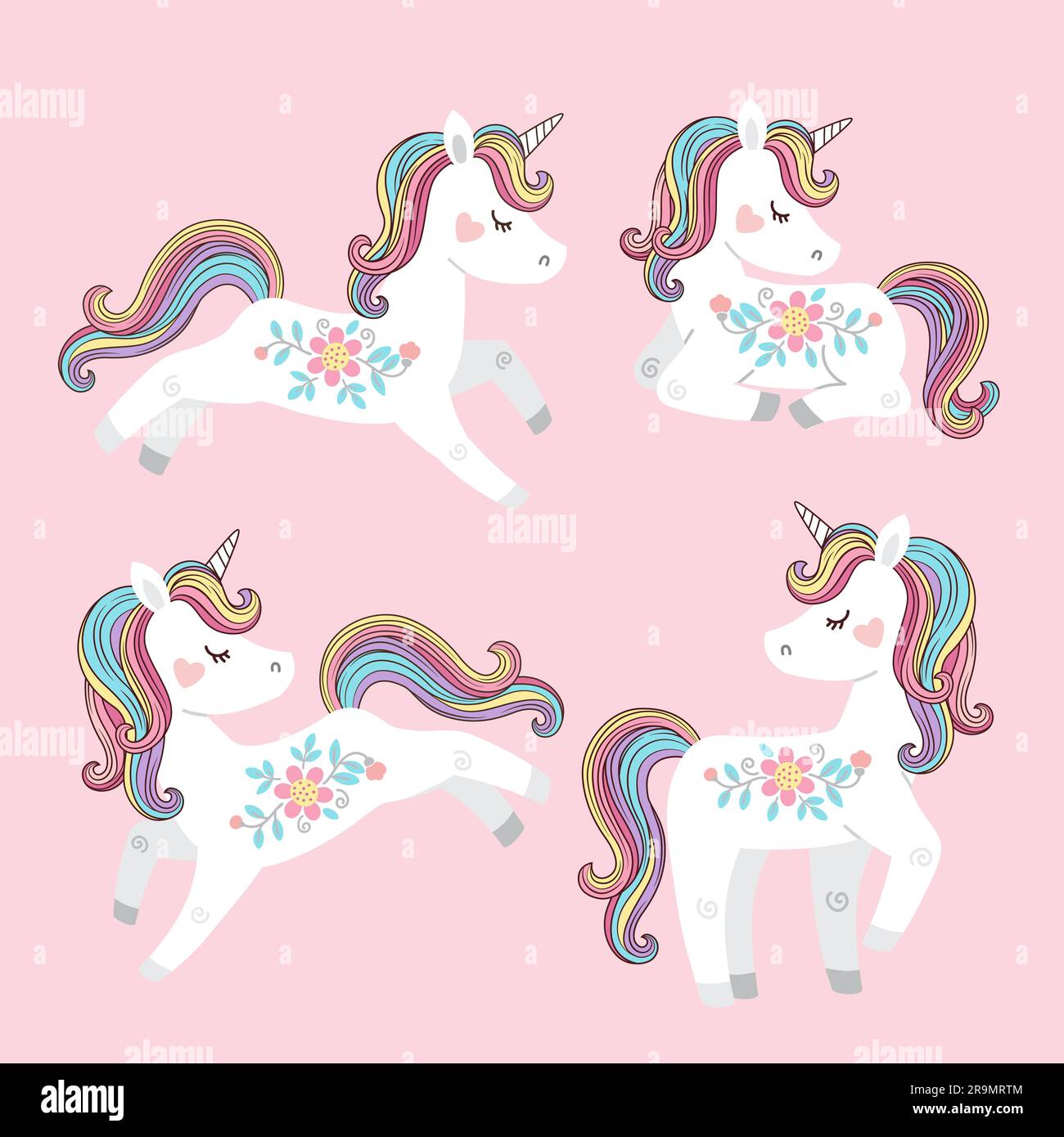 Vector set of beautiful white unicorns with flowers and rainbow mane and tail Stock Vector Image ...