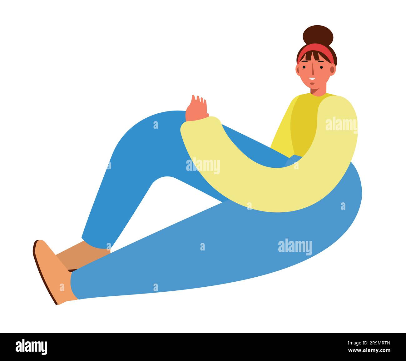 Woman is sitting on the ground, resting pose. Female is wearing pants ...