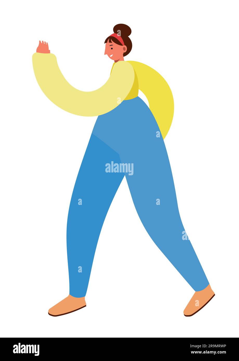 Woman is walking and smiling, waving her arms, side view. Female is ...