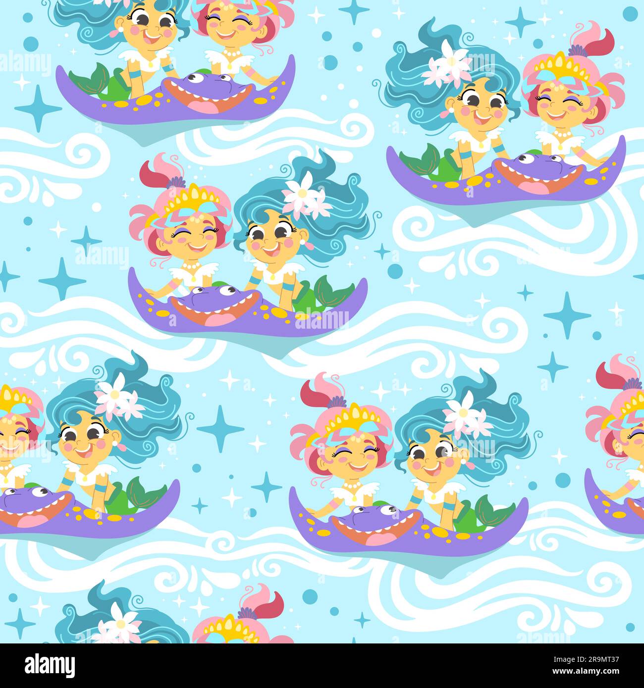 Seamless childish pattern with cute mermaids riding on a sea stingray ...