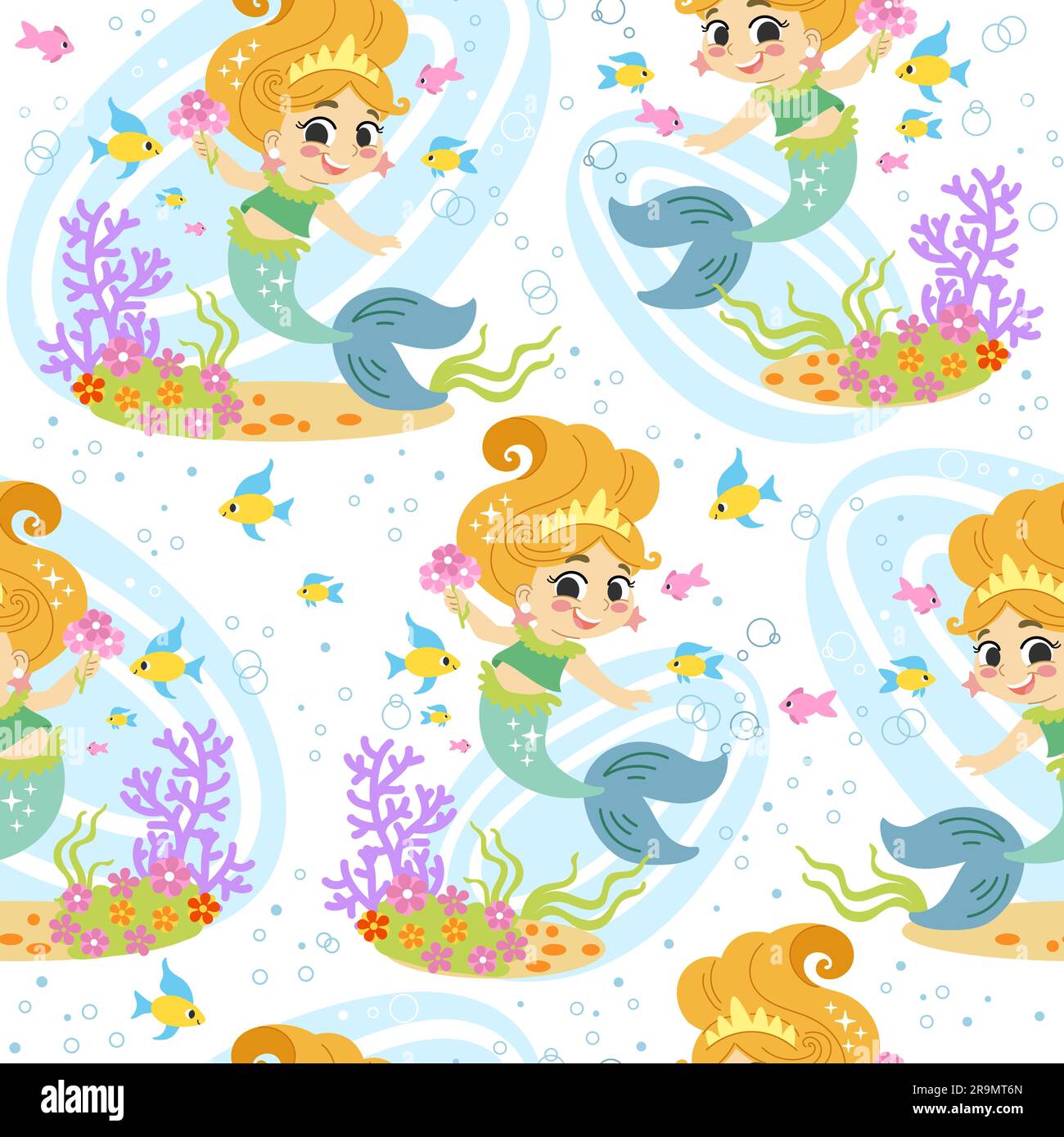 Seamless childish pattern with cute mermaid and fishes on a seabed background. Vector ...