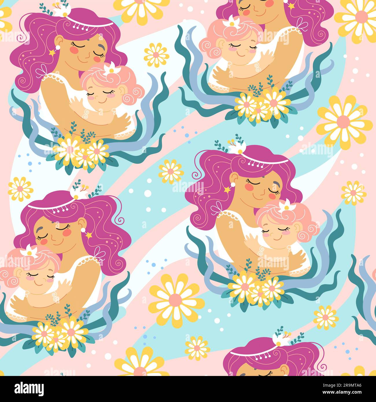 Seamless childish pattern mother and baby cuddle. Vector illustration ...