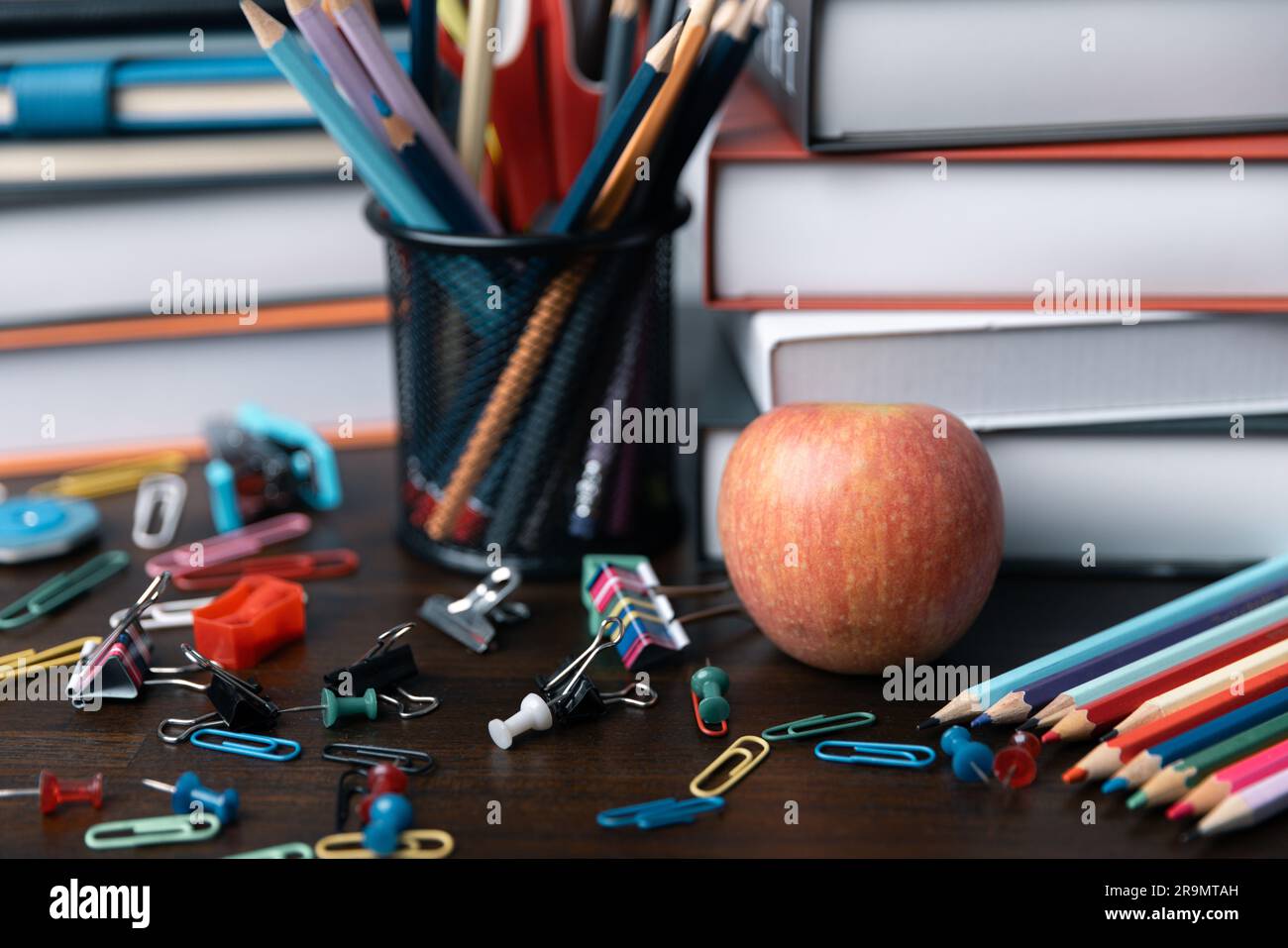 Back to school with stationery background such as books, pens, pencils ...