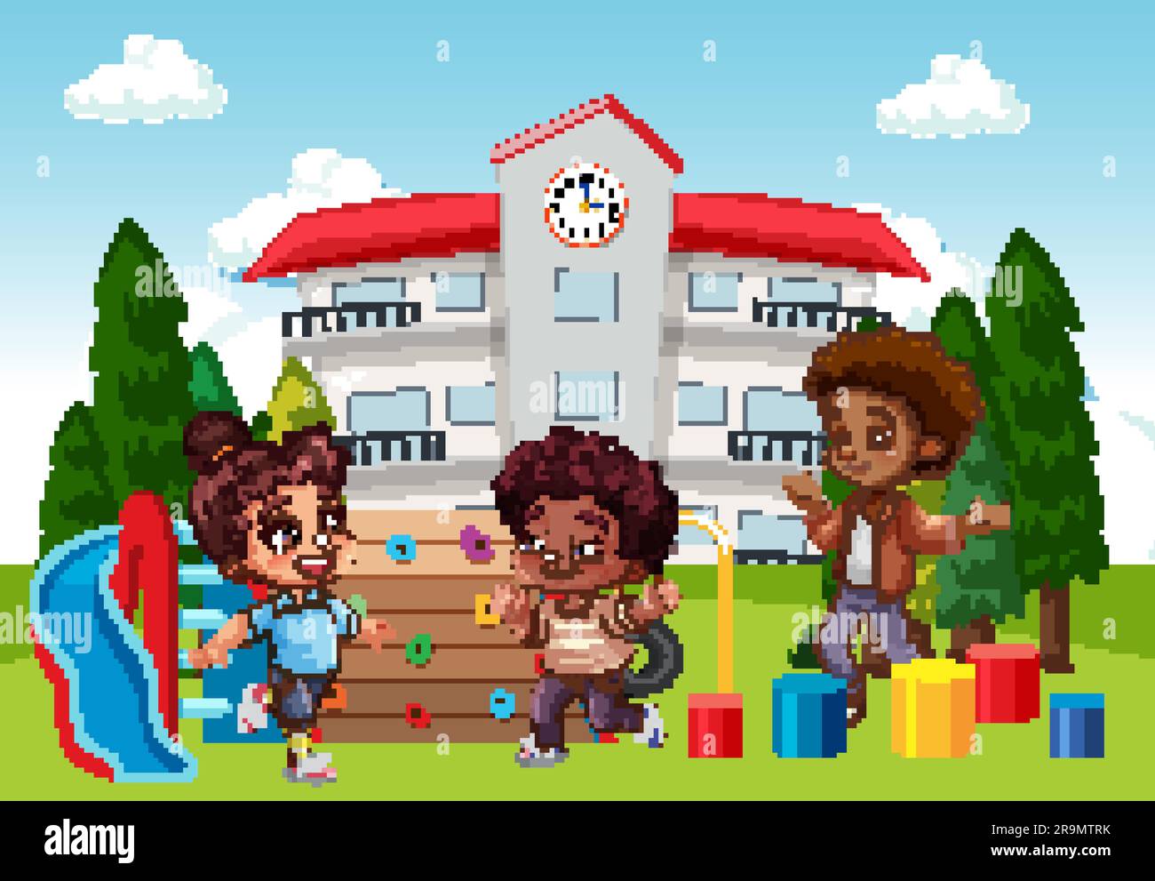 International school students playing at playground illustration Stock ...