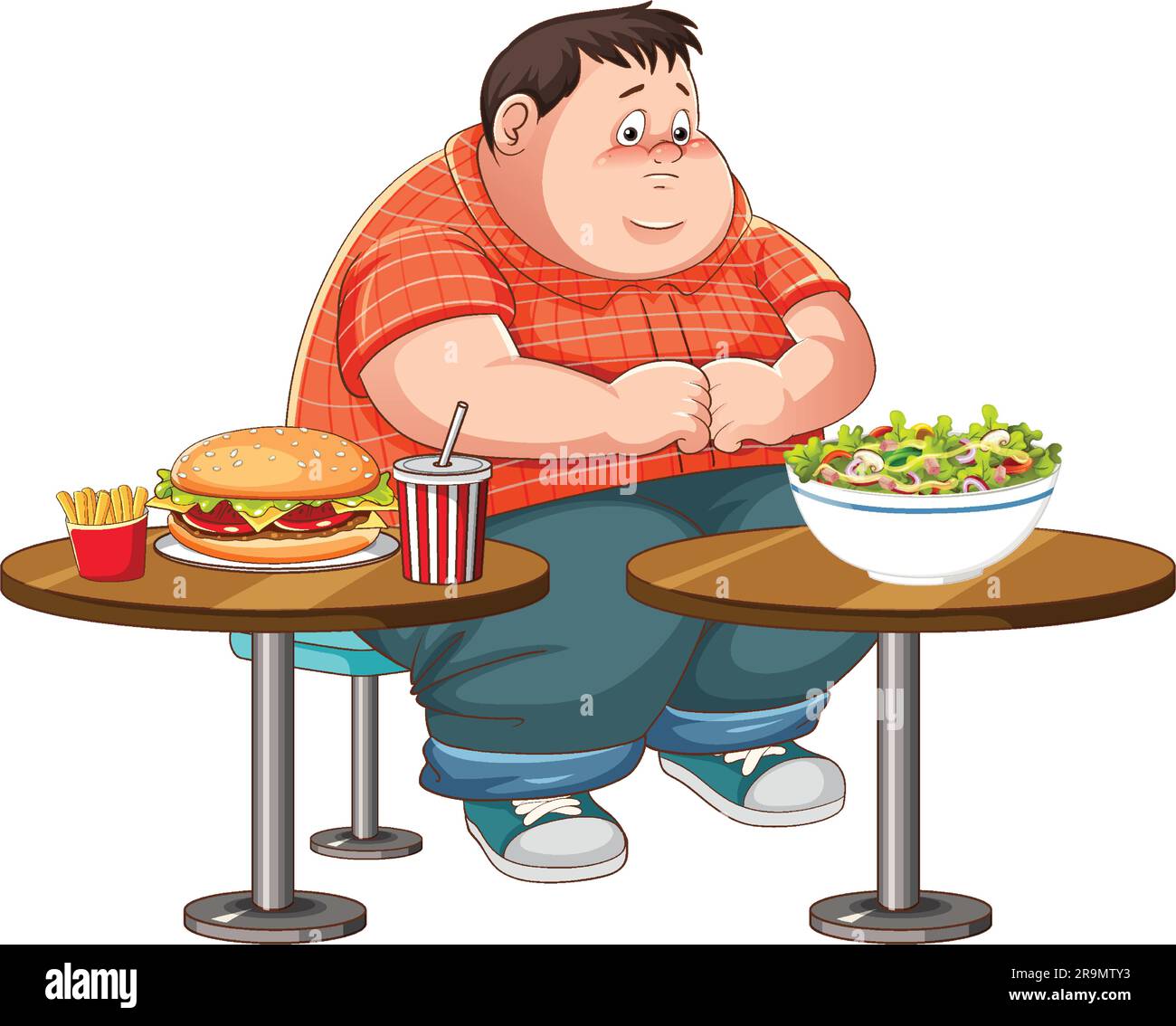 Overweight man fighting between eating healthy or unhealthy food ...