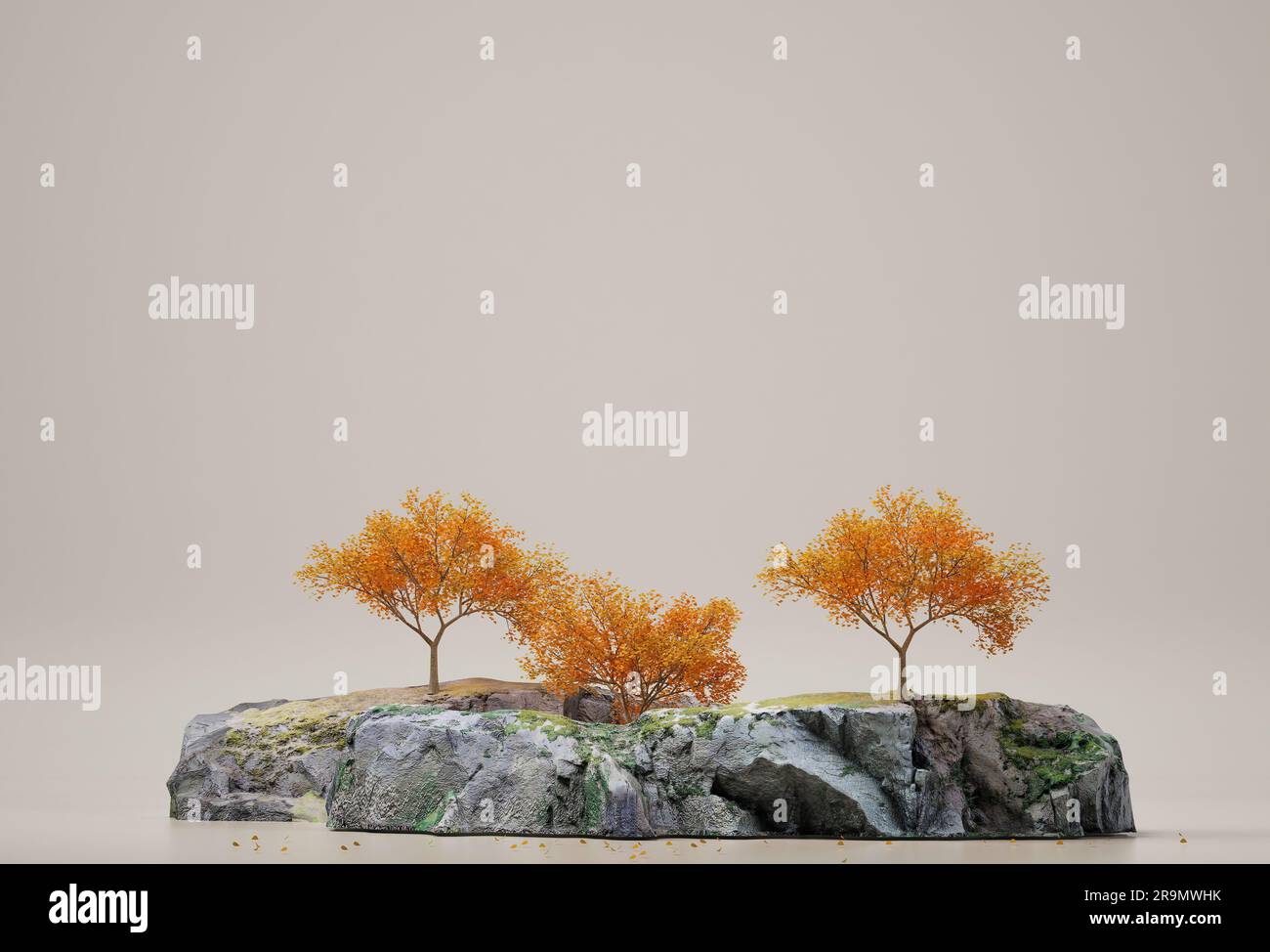Autumn tree and rock isolated on blue background. Minimal concept with ...