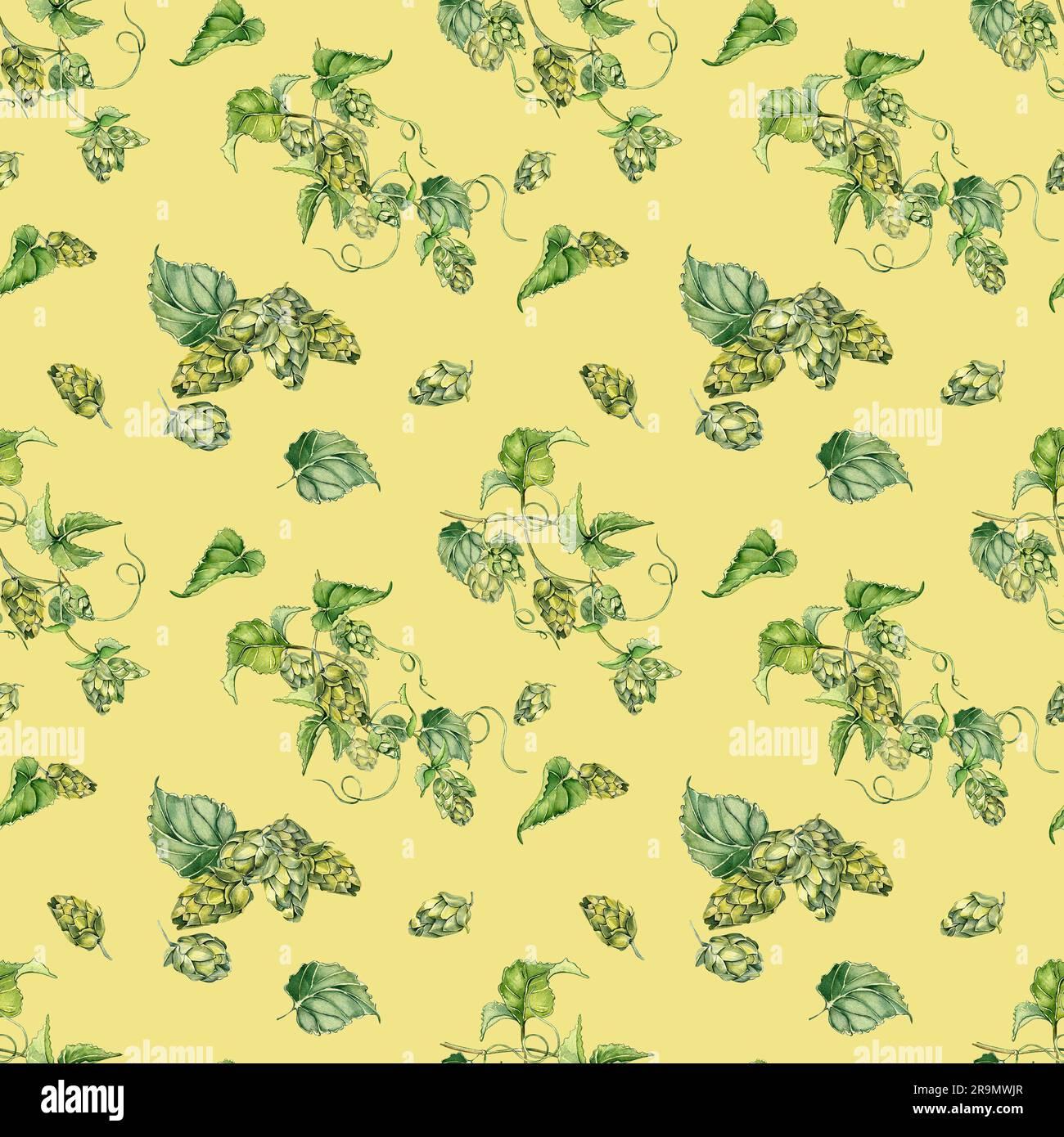 Hop vine, plant humulus watercolor seamless pattern isolated on beige background. Hop on brunch ...