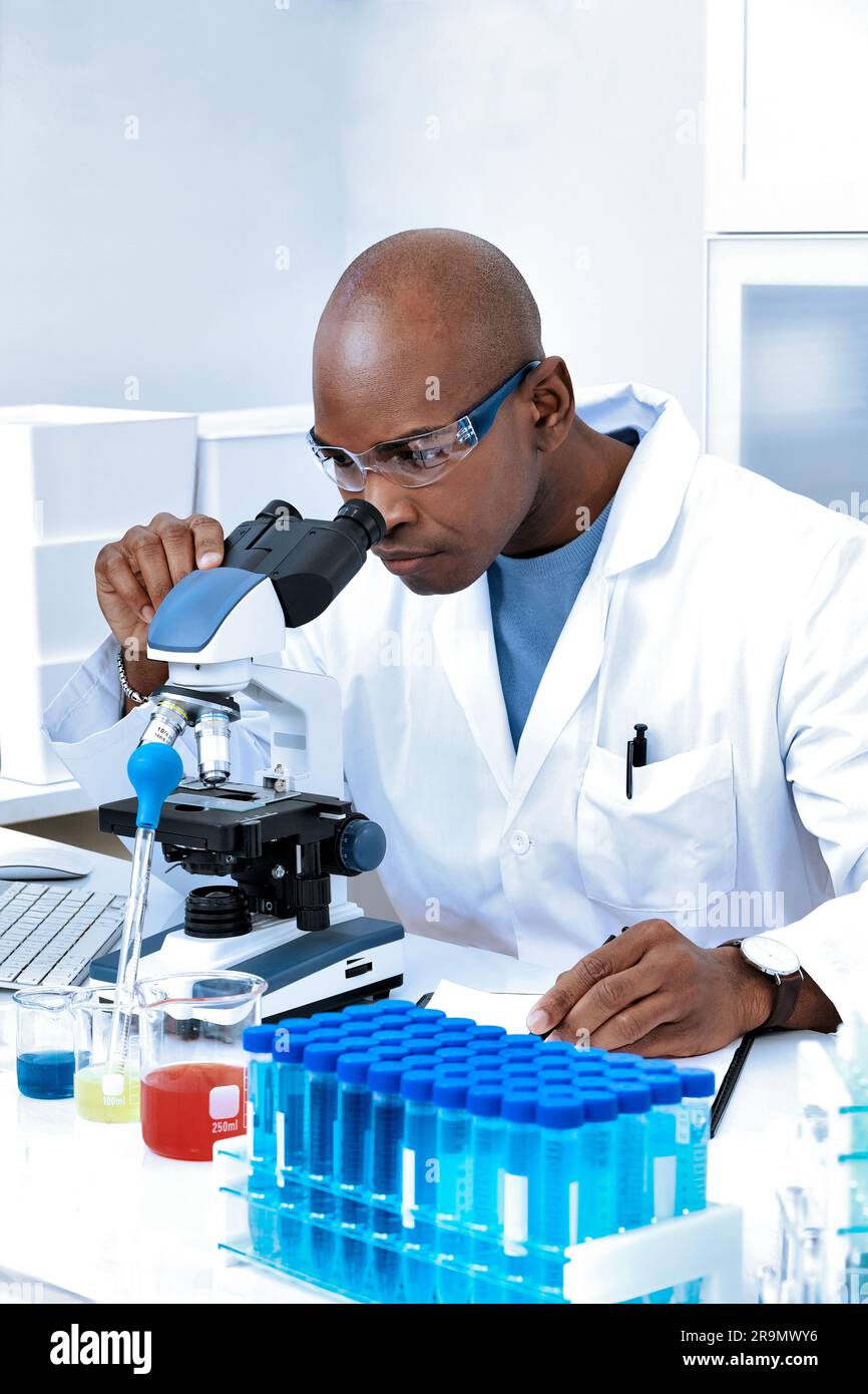 African American Scientist Looking Under Microscope. Scientific Lab ...
