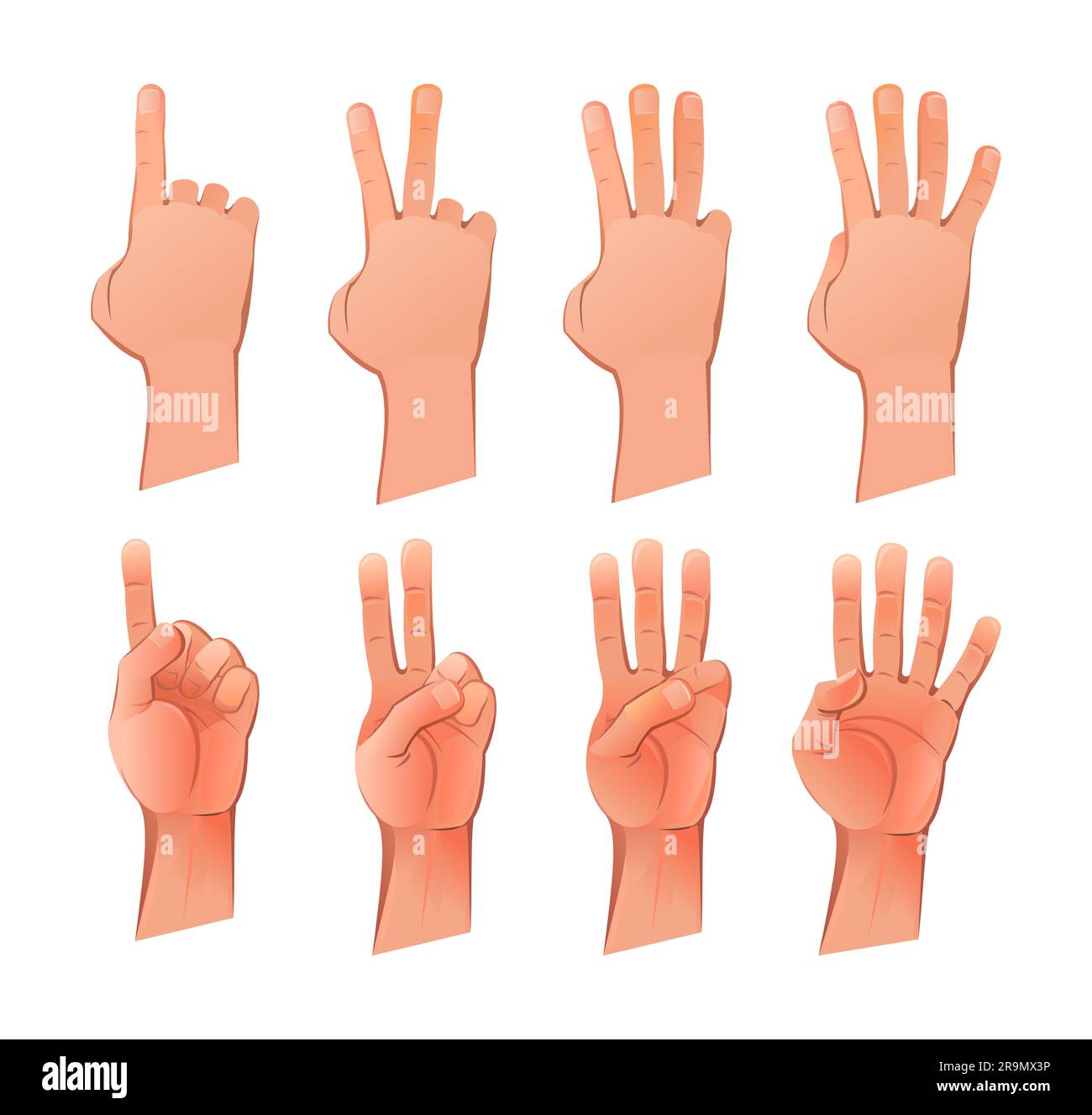 Hand numbers up to five. View outside and inside. Gestures are ...