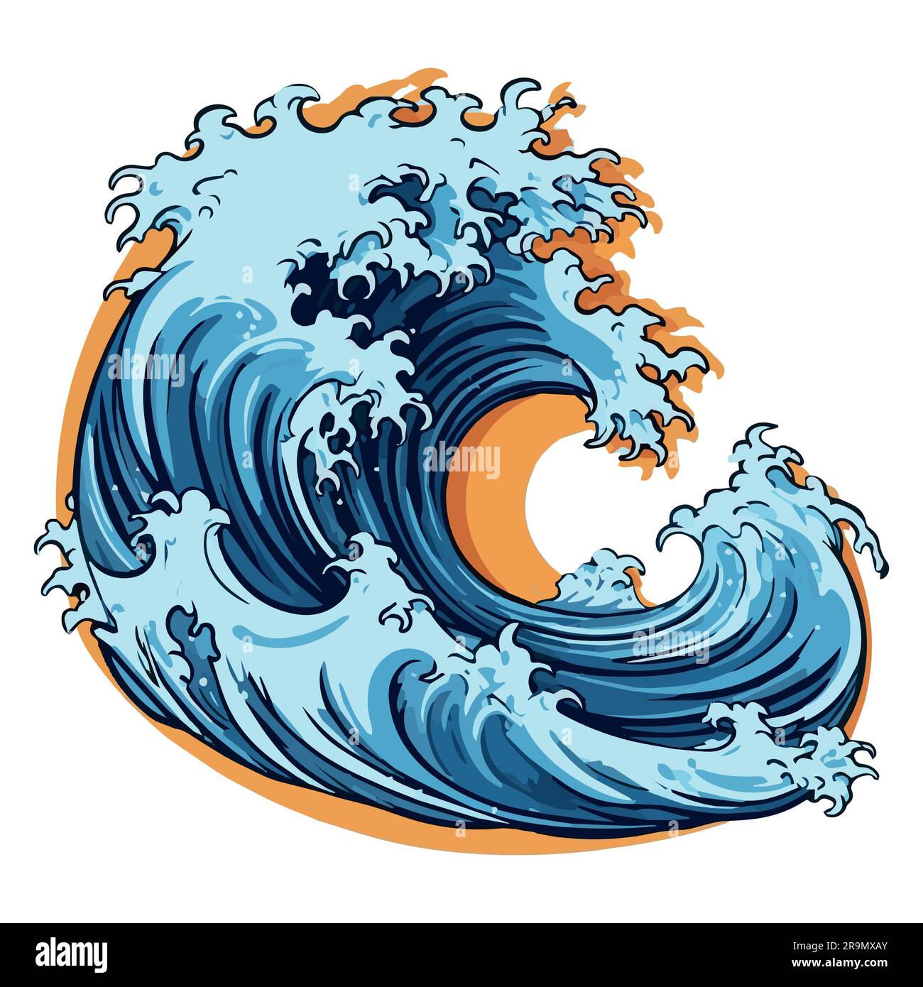 Vector sea wave. Illustration of blue ocean waves with white foam ...