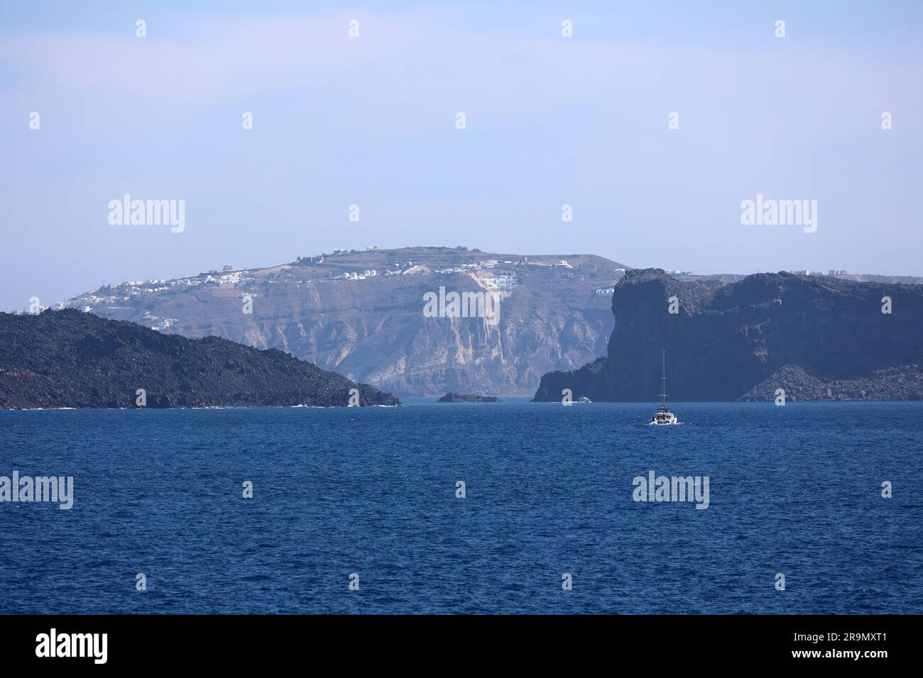 View of the caldera with lava island Nea Kameni the Cycladic island of ...