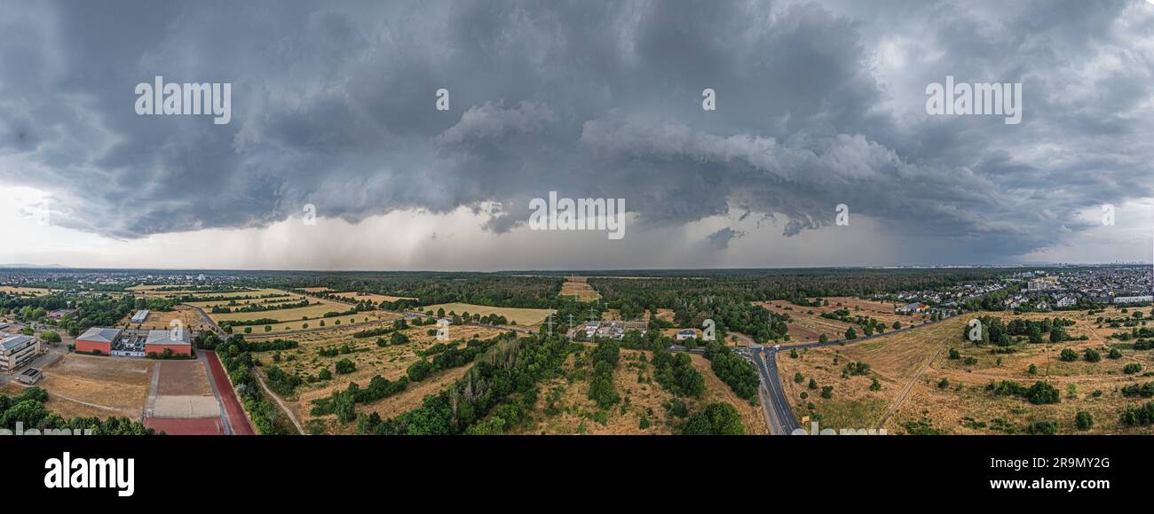 Drone panorama of a threatening thundercloud over the area of Frankfurt ...