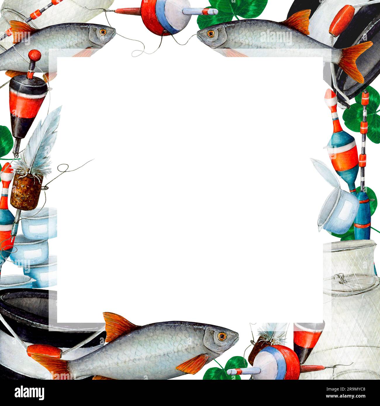 Watercolor drawing square frame from various fishing bobblers, fish ...