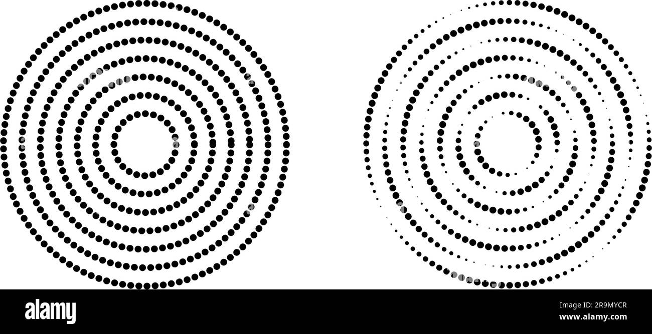Concentric circles with whole and broken dotted lines. Circular ripple icons isolated on white ...