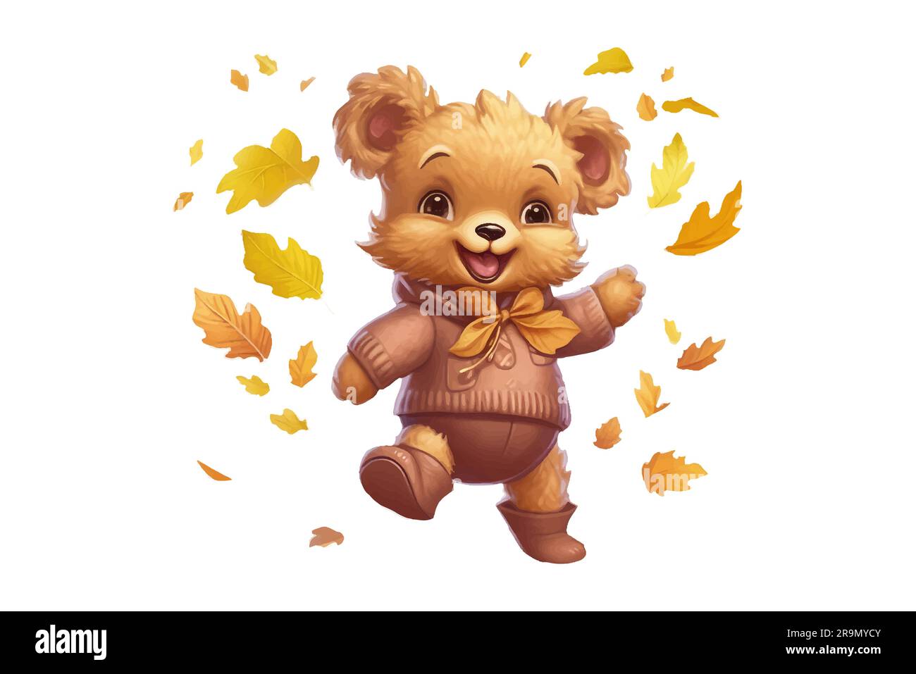 cute teddy bear walks with autumn leaves on a white background Stock ...