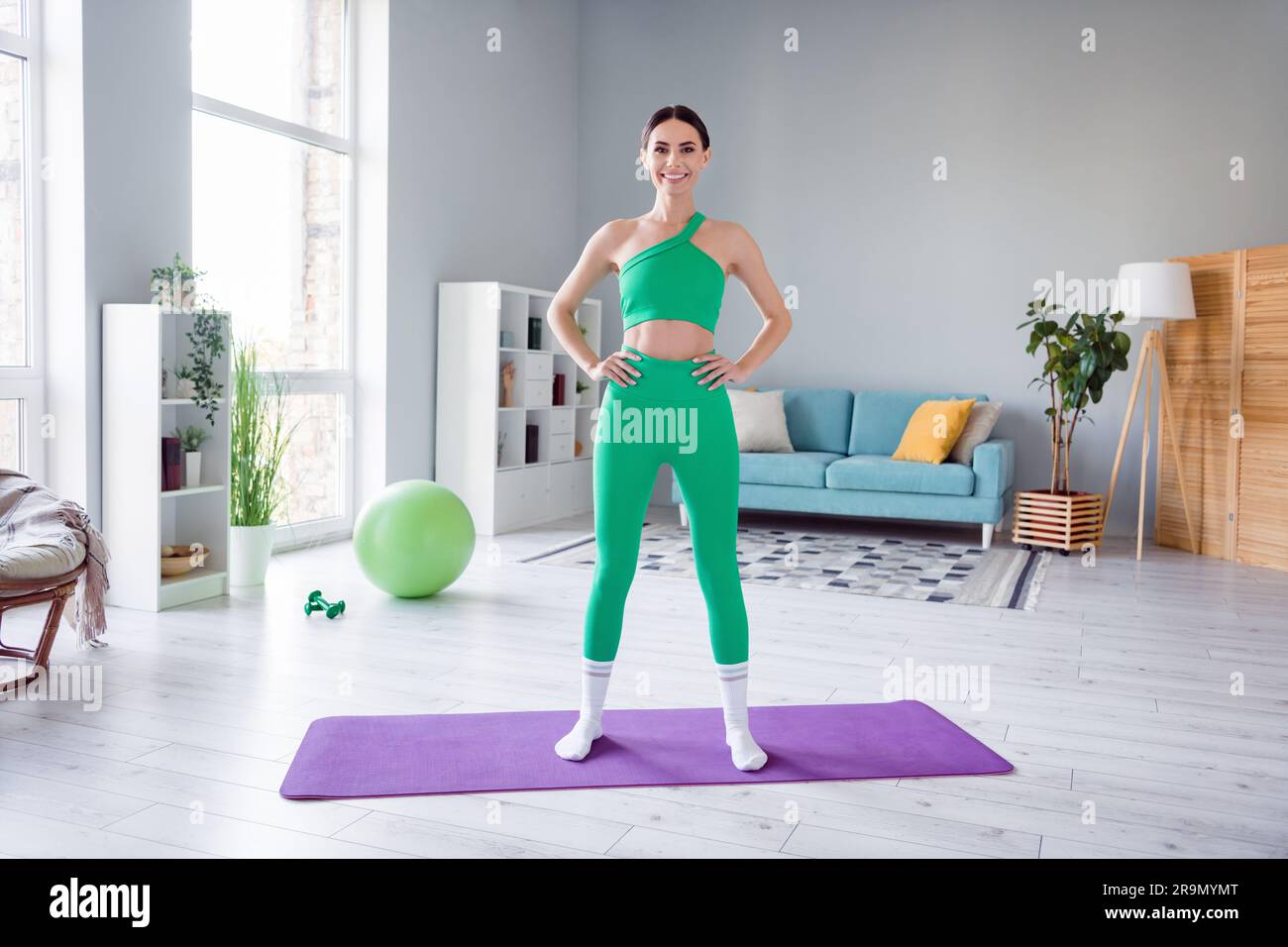 Full length photo of slim adorable lady wear sporty outfit smiling ...
