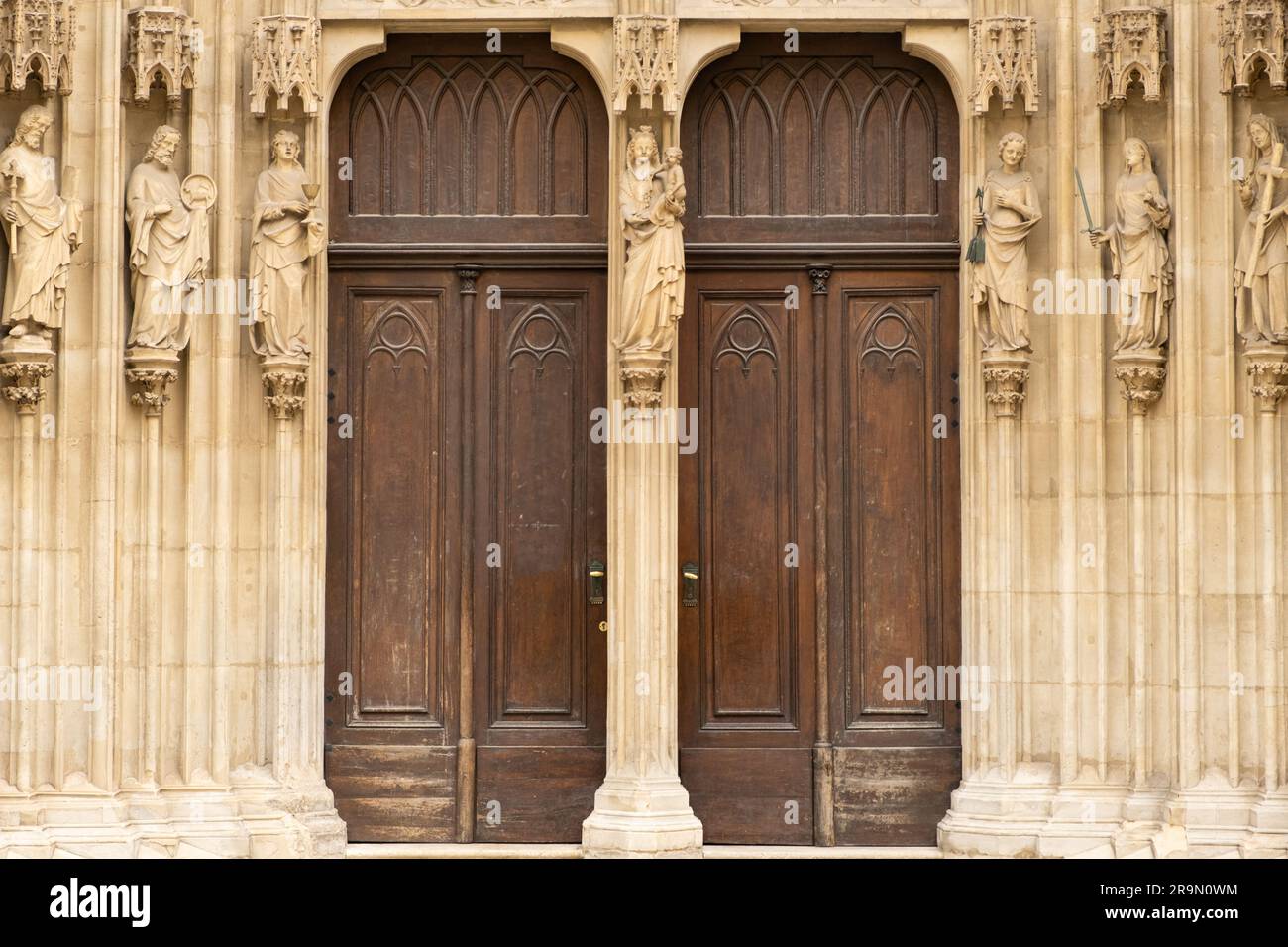 Temple architecture of Vienna in Austria. Images of saints on the walls ...