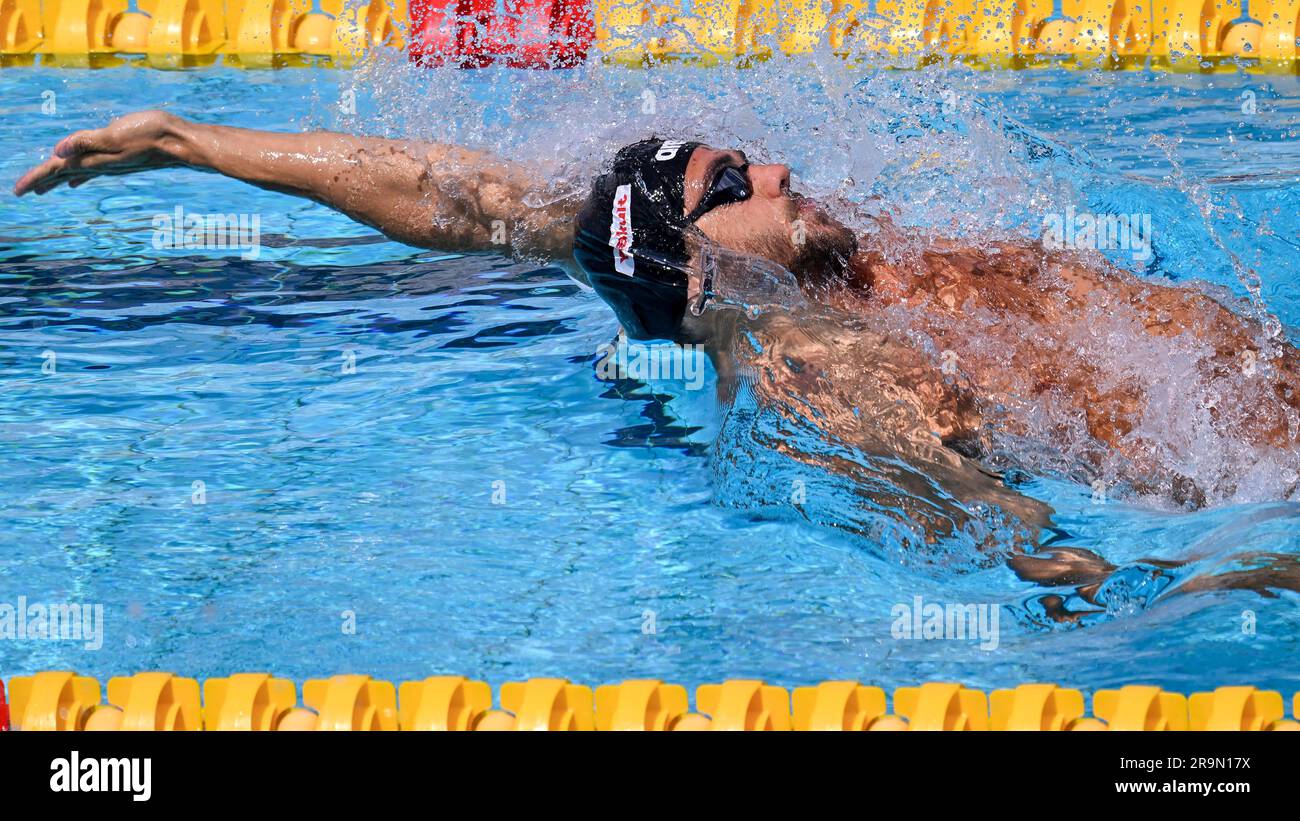 Thomas Ceccon of Italy competes in the 50m Backstroke Men Heats during ...
