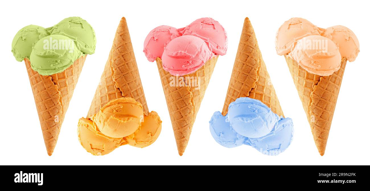 Collection of ice cream cones isolated on white background with ...