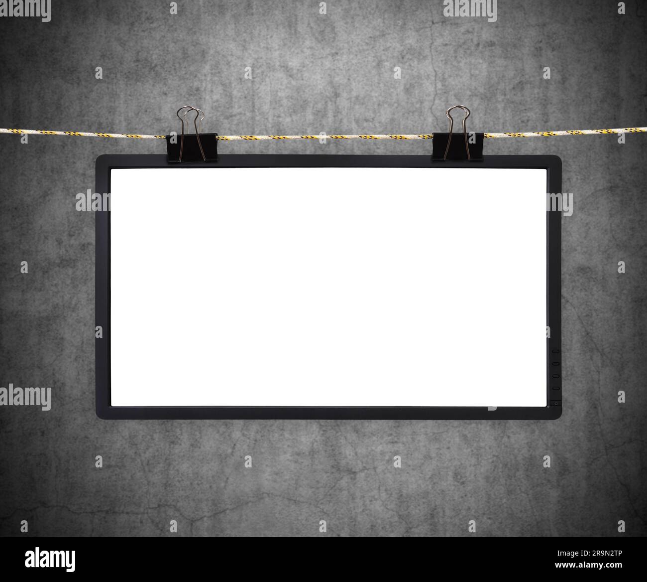 Blank tv screen hanging on a rope on concrete wall background. 3D ...