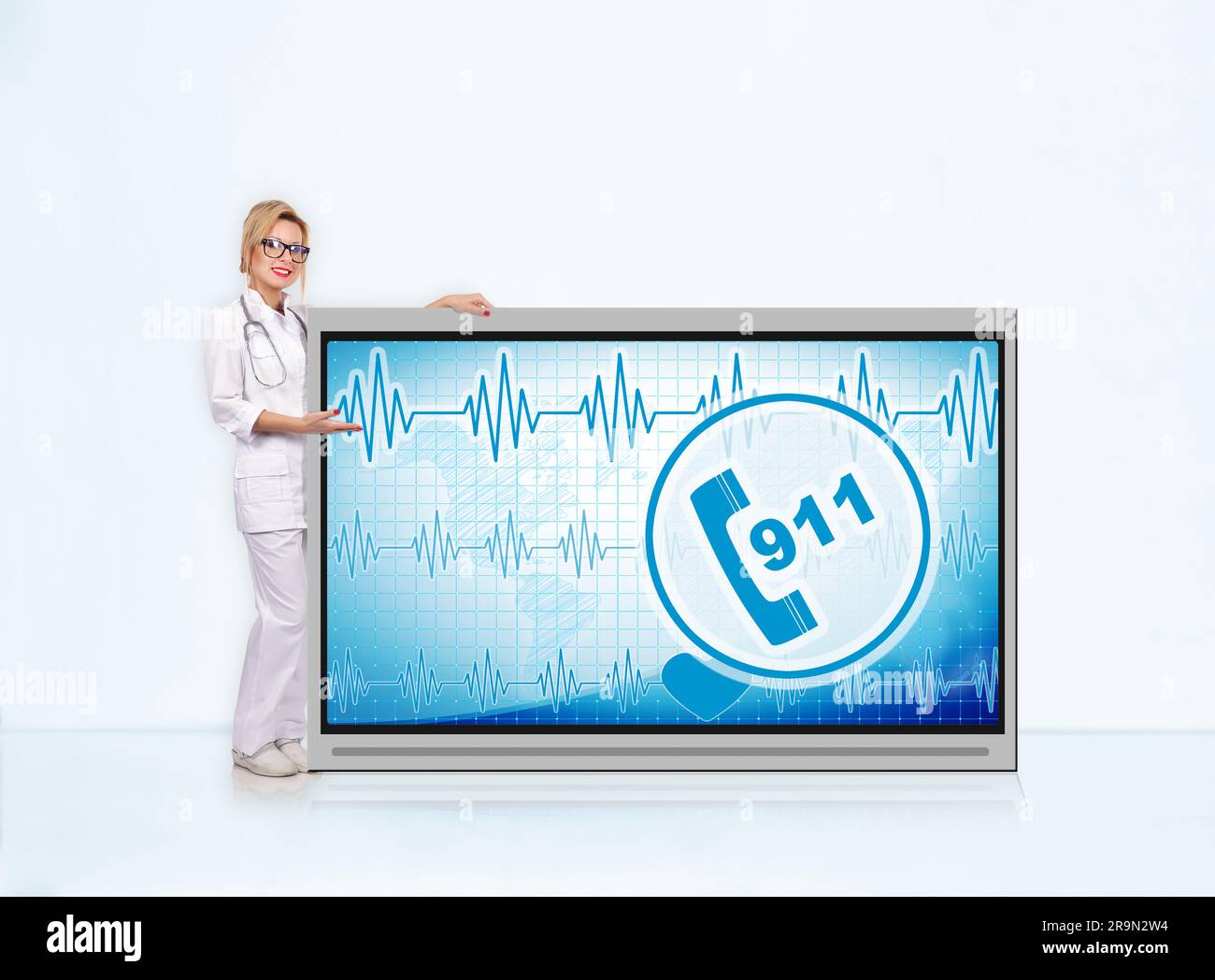 woman doctor with stethoscope showing 911 symbol on tv screen Stock ...
