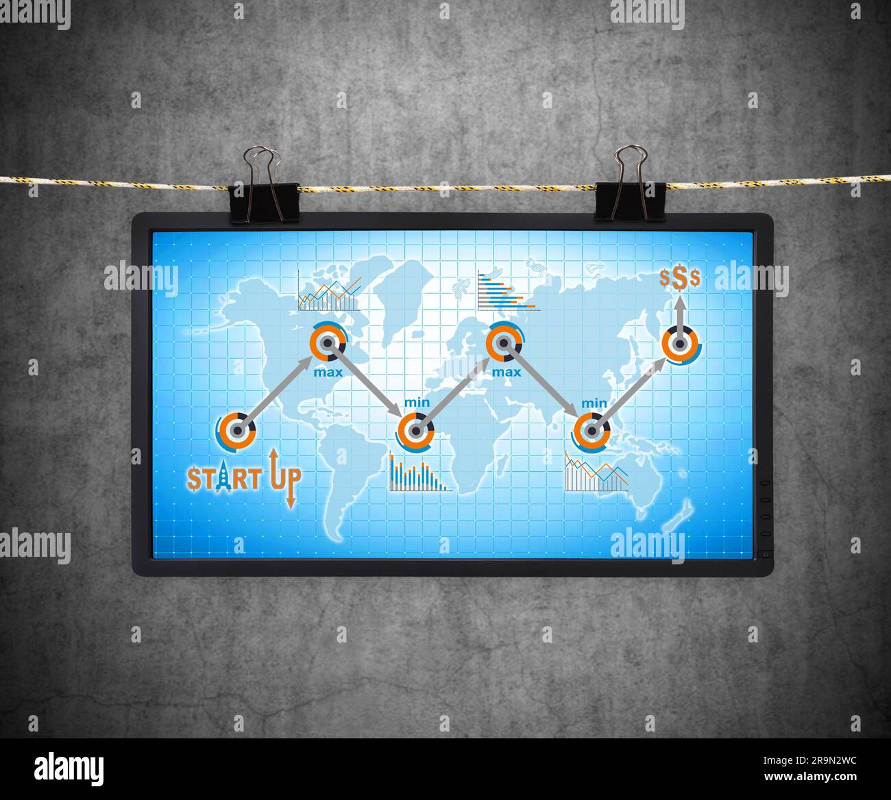 Tv screen with start up scheme hanging on a rope. 3D rendering Stock ...