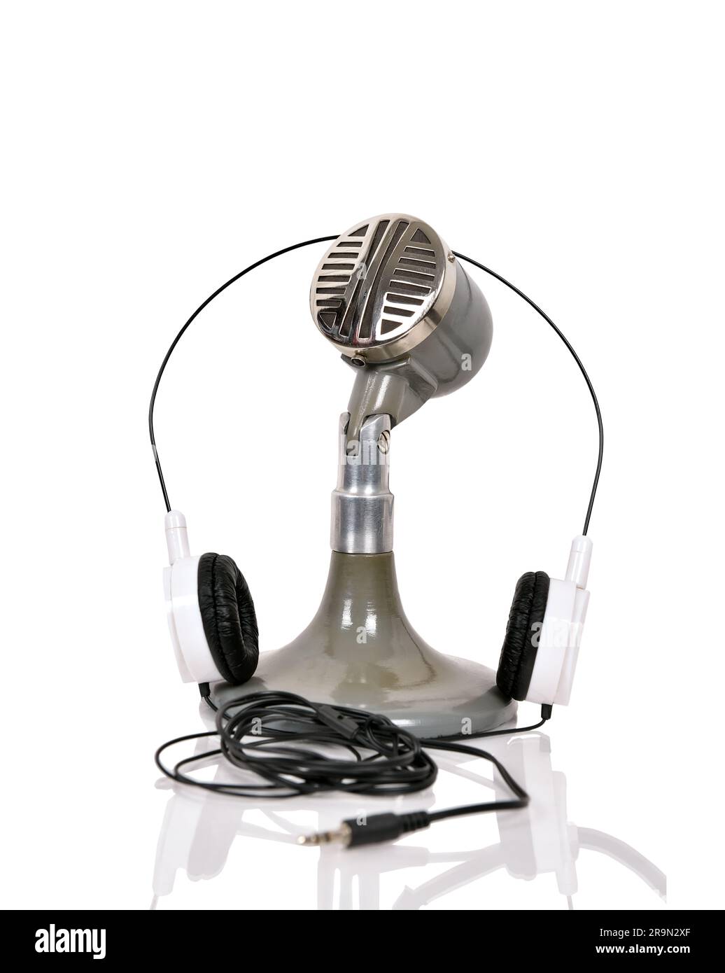 old vintage microphone and headphones on a white background Stock Photo ...