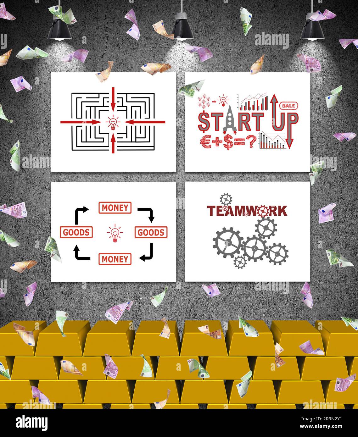 Four placard with start up concept on wall. Falling euro bills and gold ...