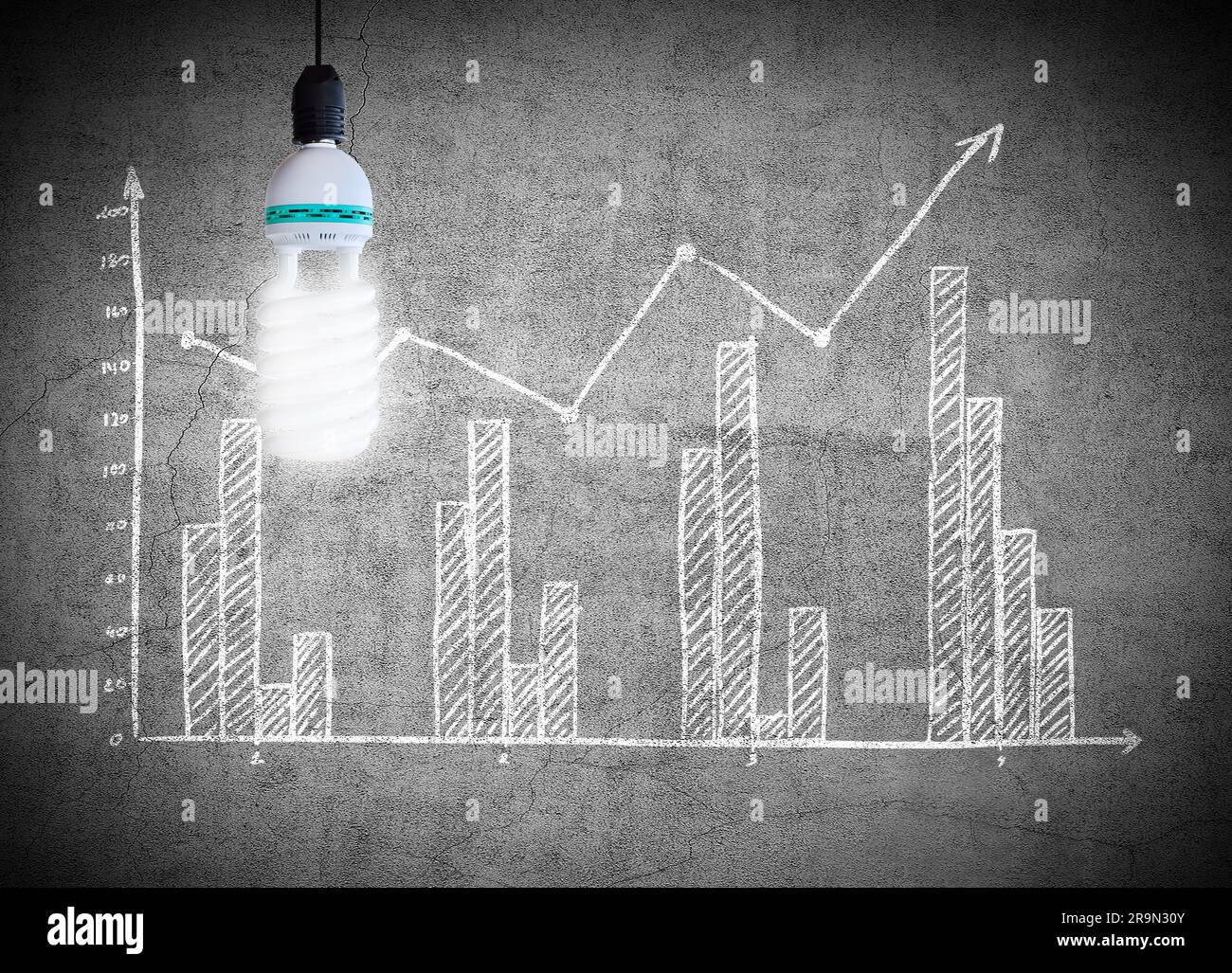 Energy saving fluorescent light bulb. Drawing infographic on gray ...