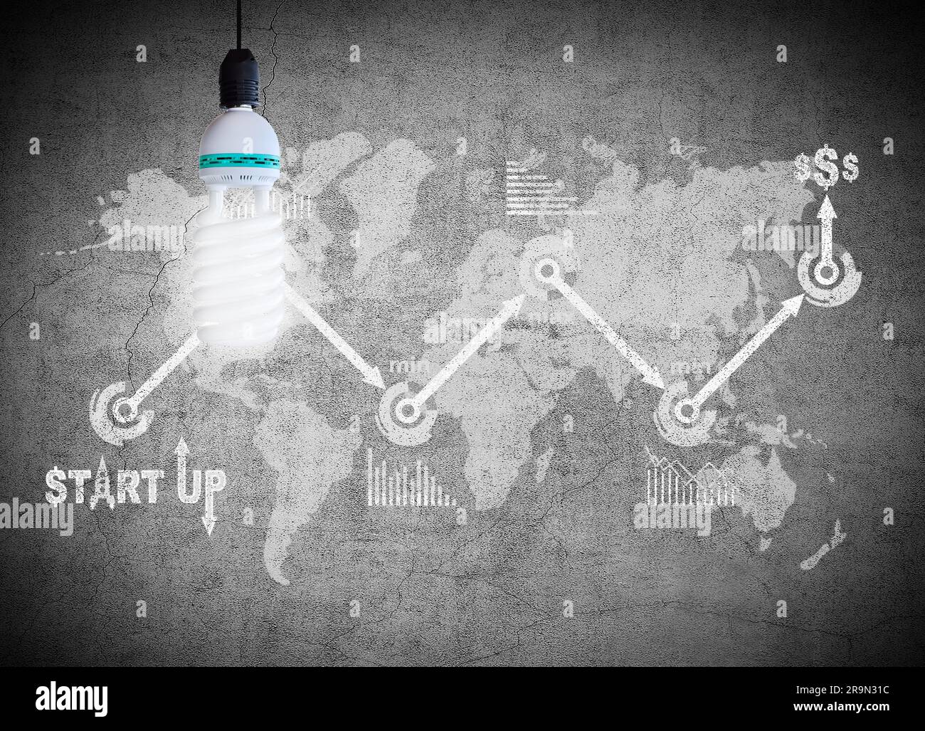 Energy saving fluorescent light bulb. Drawing infographic start up on ...